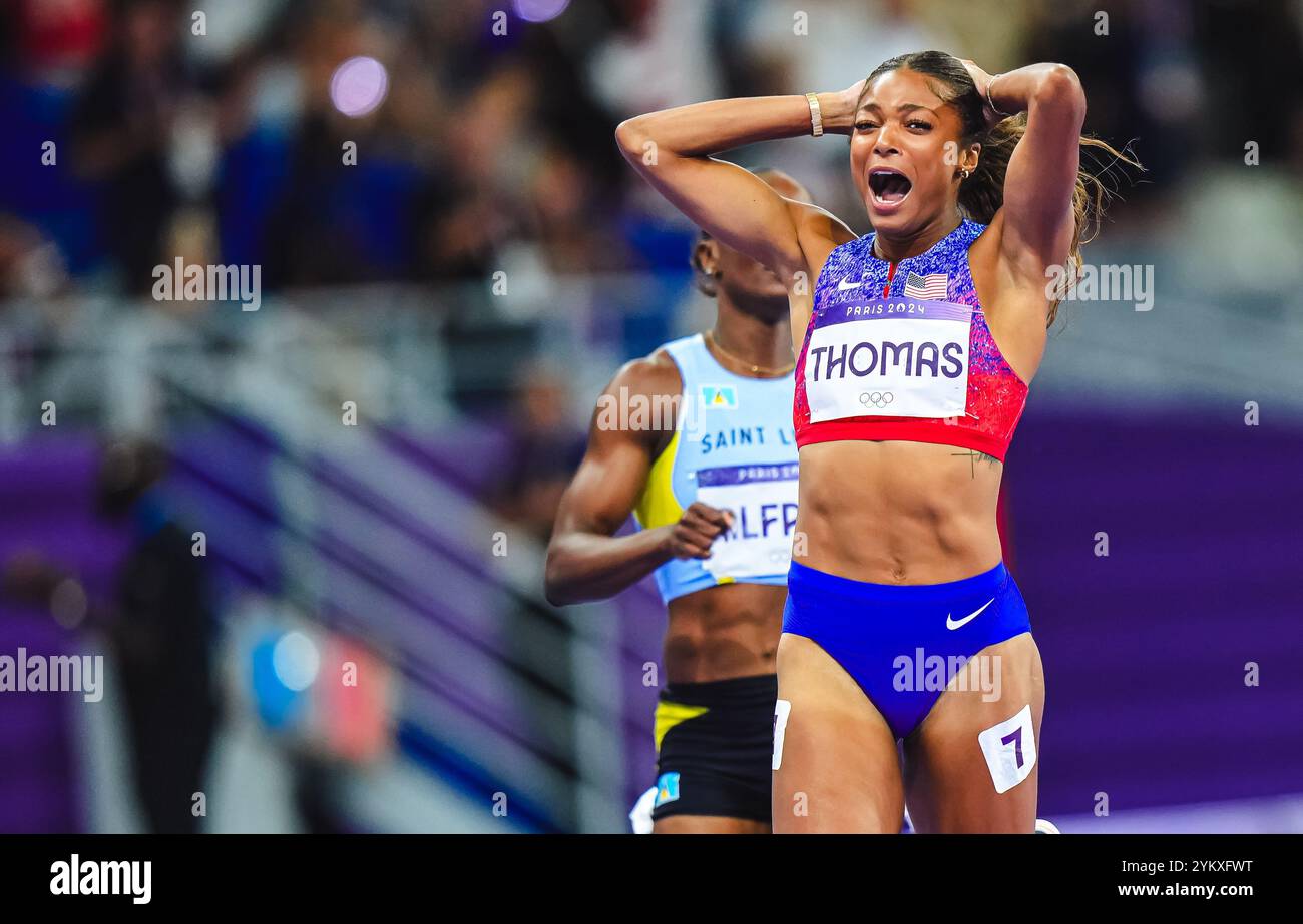 Gabrielle Thomas winning in the 200 meters relay at the Paris 2024 ...