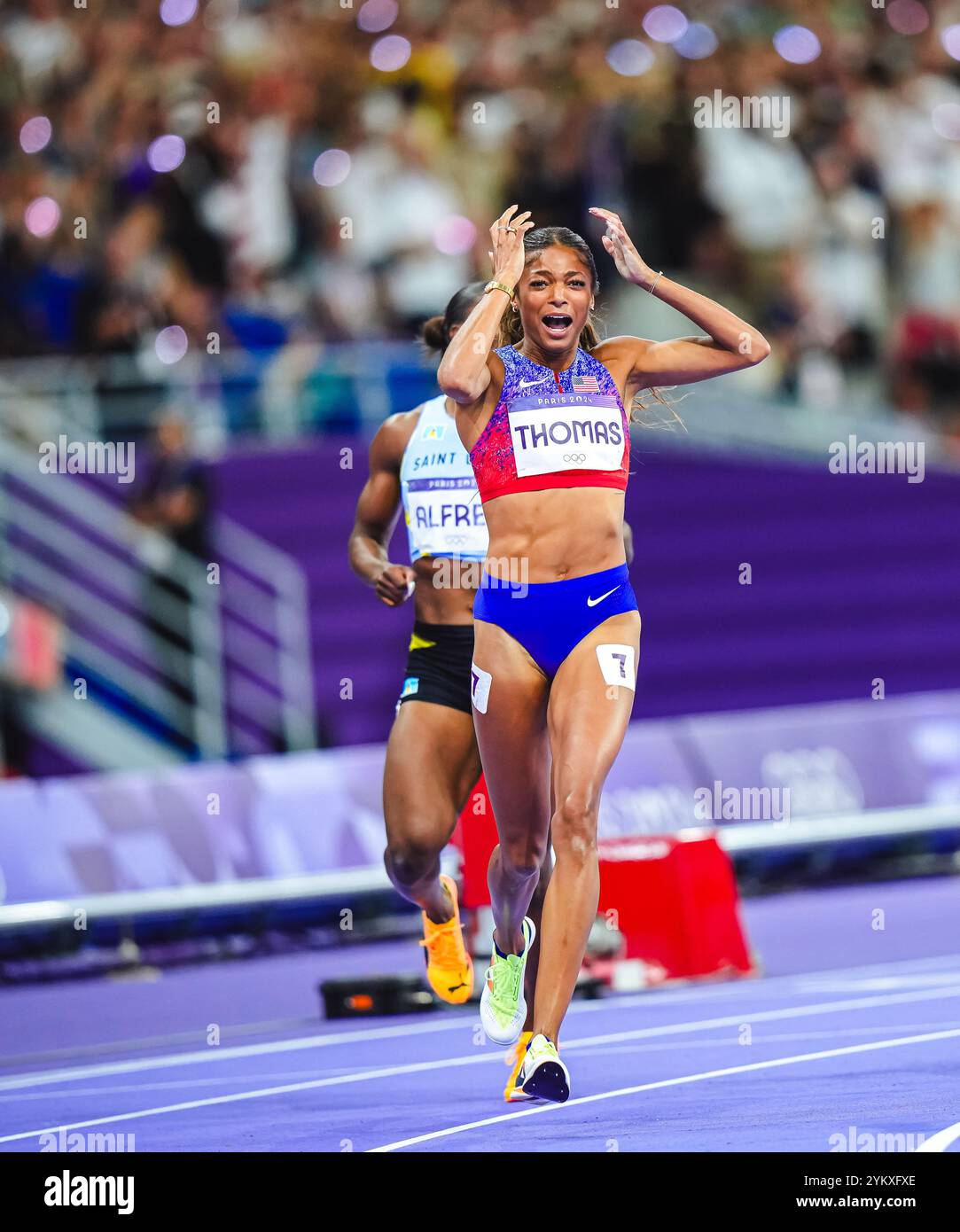 Gabrielle Thomas winning in the 200 meters relay at the Paris 2024 ...