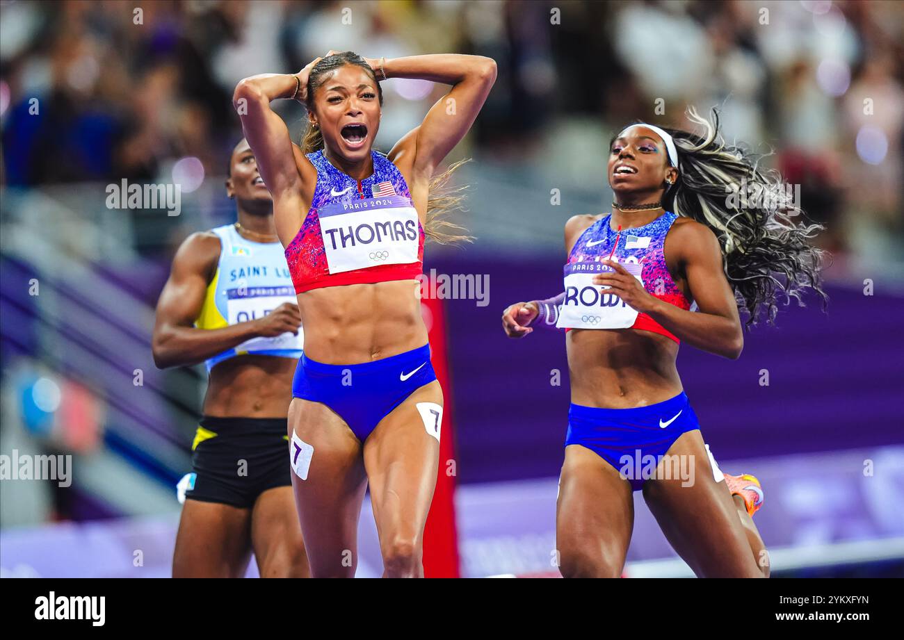 Gabrielle Thomas winning in the 200 meters relay at the Paris 2024 ...