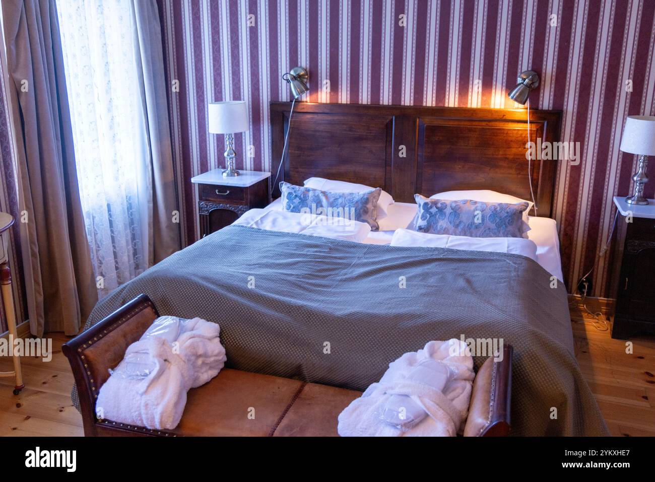 Interior traditional hotel bedroom in the Fretheim Hotel, a 4 star ...