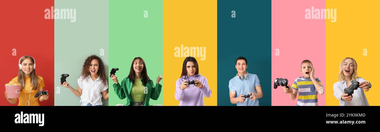 Set of people playing video games on color background Stock Photo - Alamy