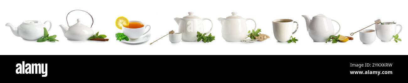 Set of hot mint tea on white background Stock Photo - Alamy