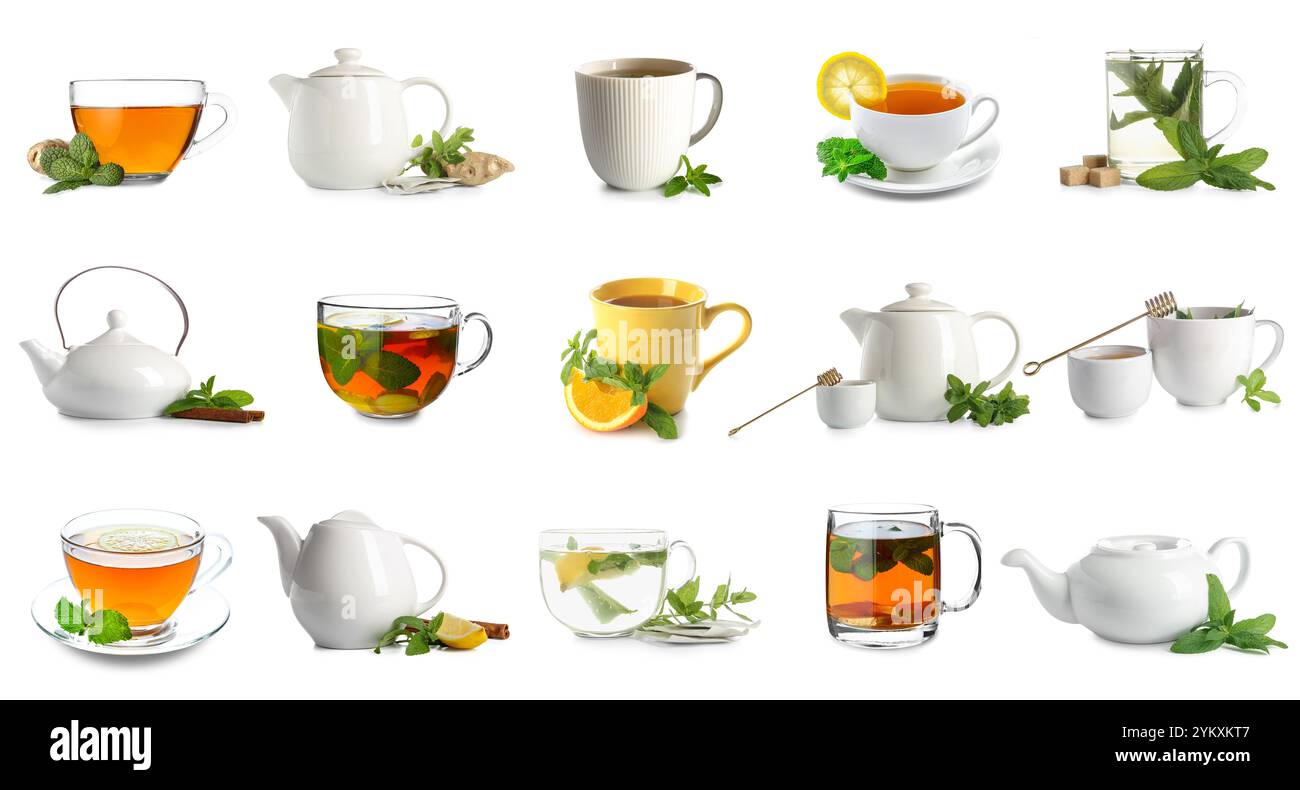 Set of hot mint tea on white background Stock Photo - Alamy