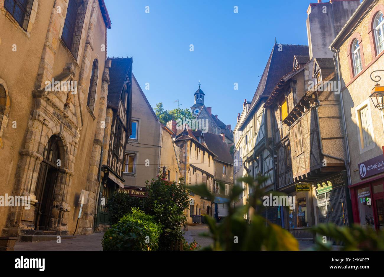 Old town of Montlucon with Saint-Pierre church, half-timbered houses ...