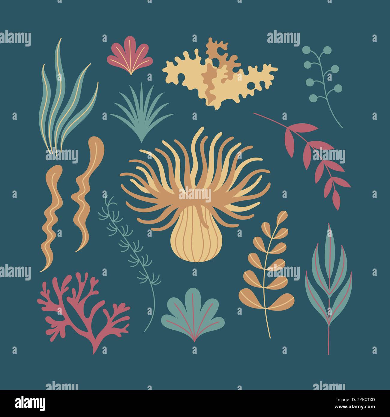 Vector flat art illustration featuring various abstract botanical and ...