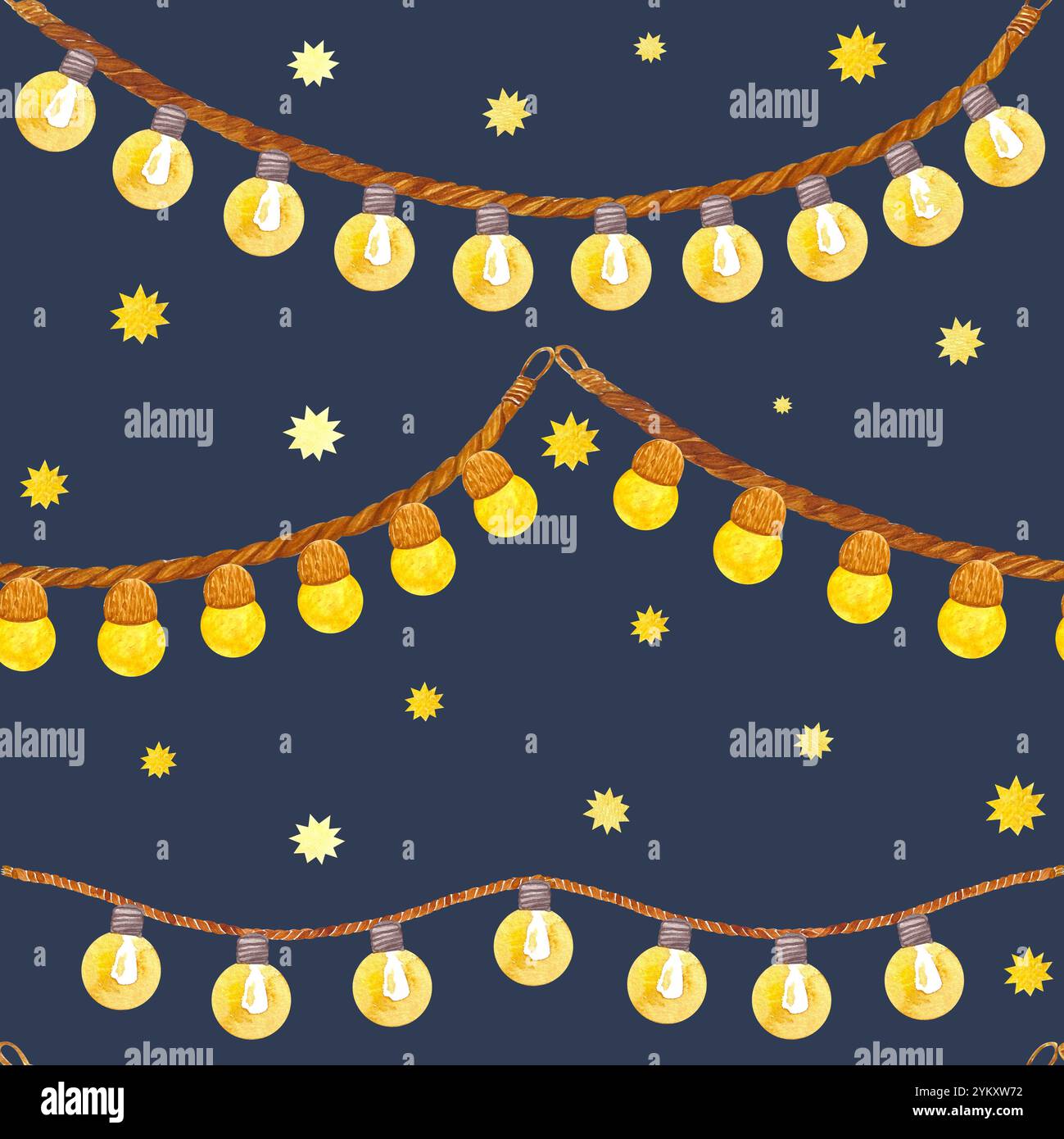 Outdoor string lights, jute rope, stars seamless pattern on dark blue ...