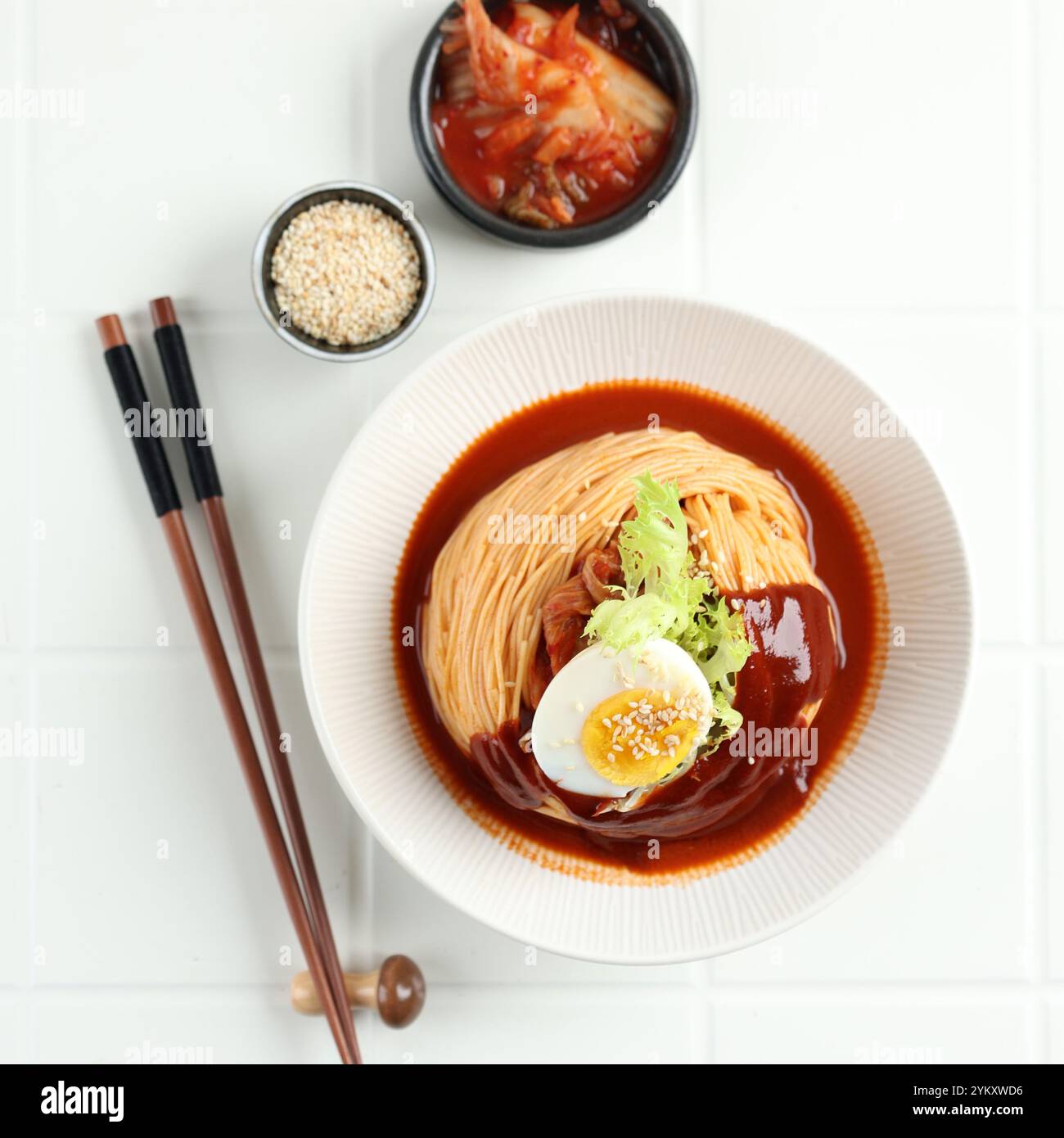 Top View Korean Cold Noodles with Egg or Bibim Guksu, Korean Food Style ...