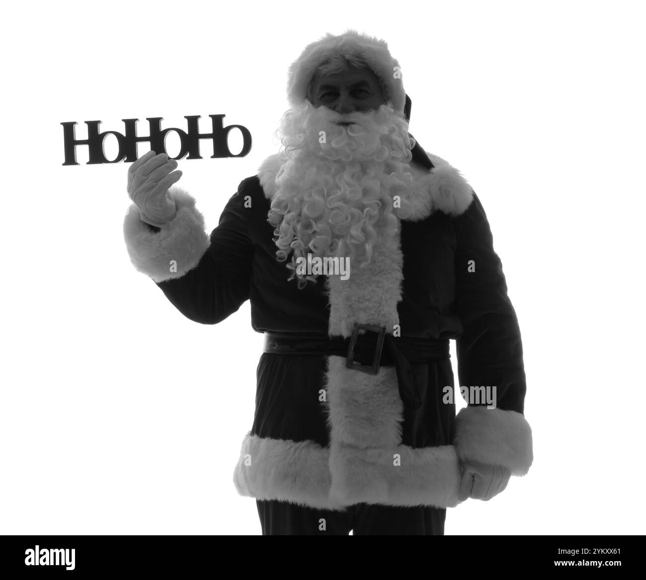 Silhouette of Santa Claus with word HOHOHO on white background Stock ...