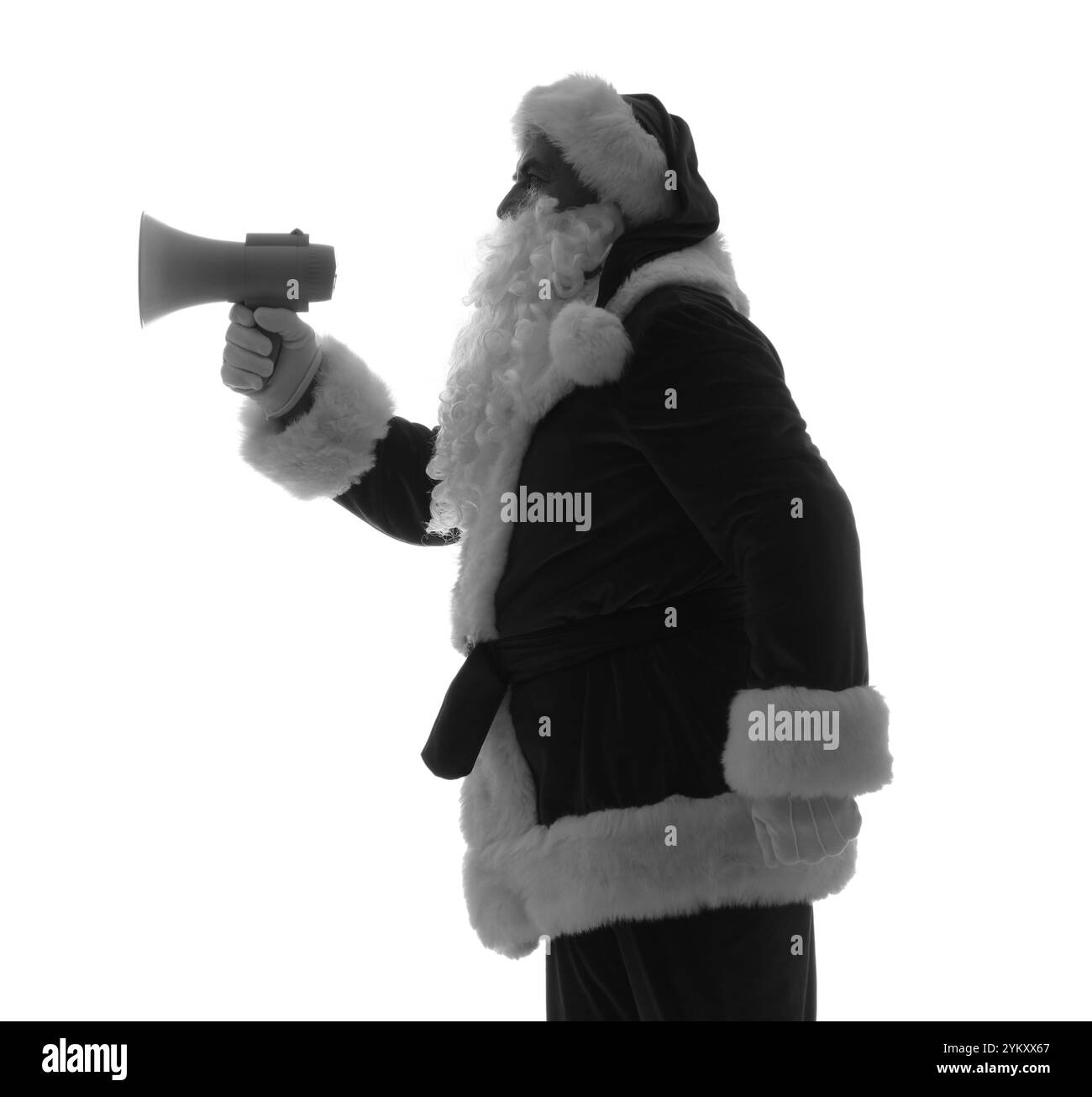Silhouette of Santa Claus with megaphone on white background Stock ...