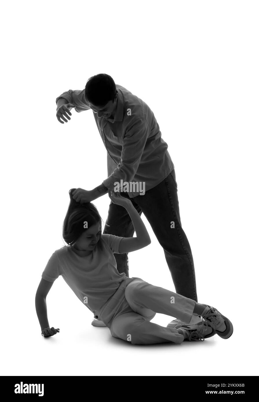 Silhouette of man beating woman on white background. Domestic violence ...