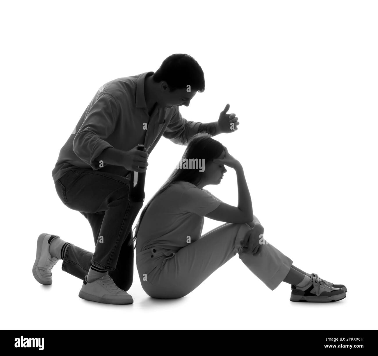 Silhouette of drunk man shouting at his wife on white background ...