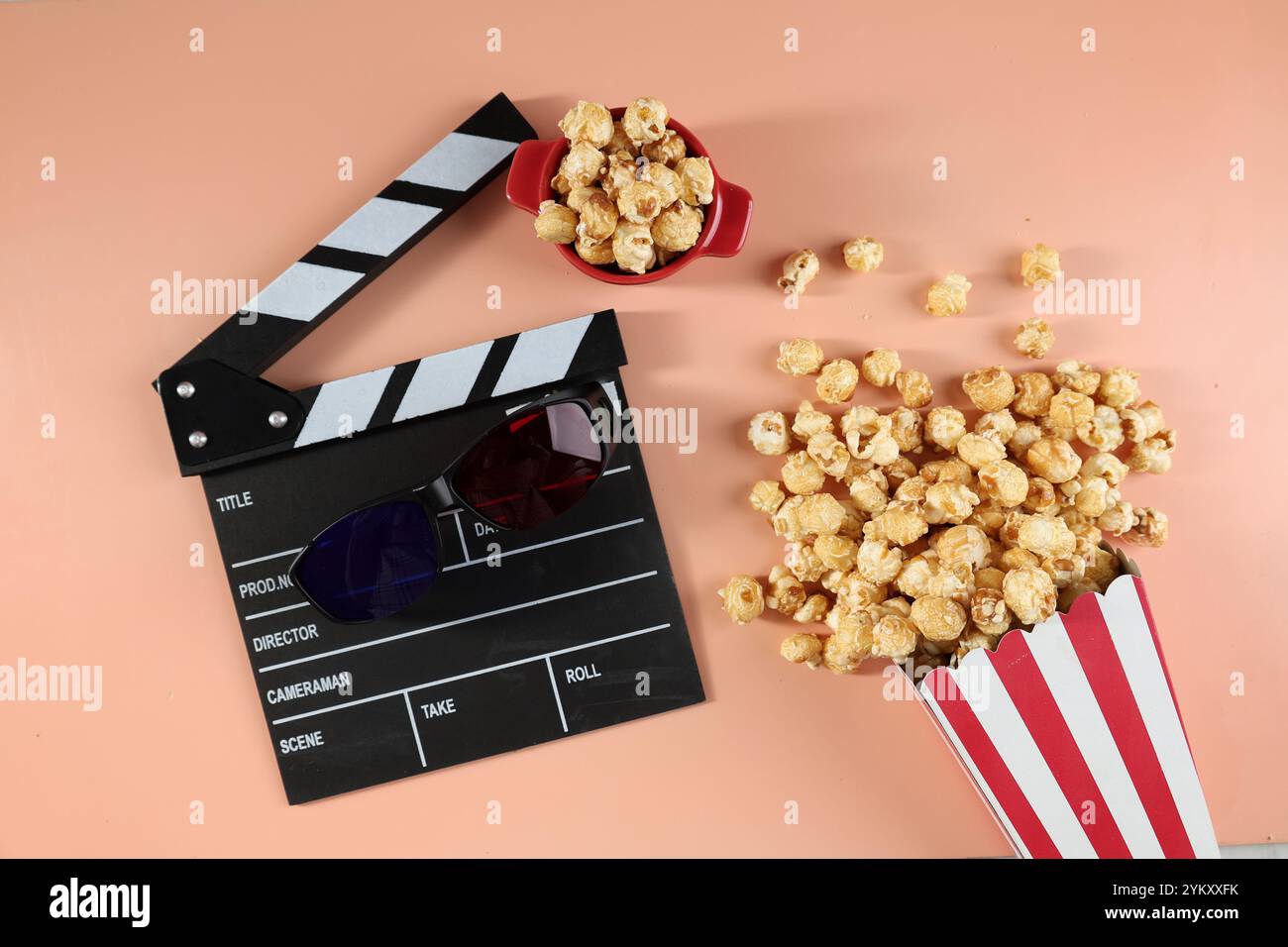 Tasty Popcorn in Paper Buckets, Movie Clapper and 3D Eyeglasses on a ...
