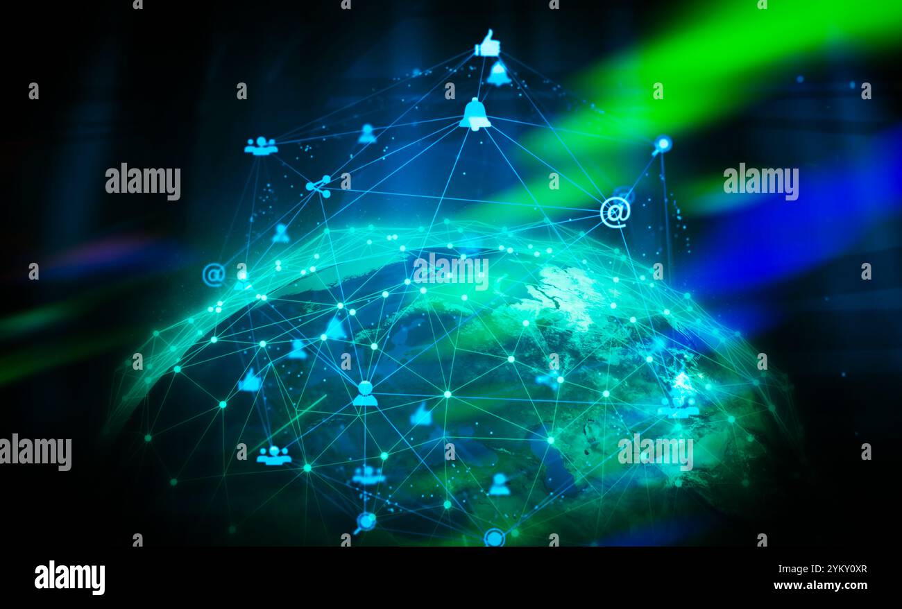 Abstract technology network with glowing nodes and lines. Modern and ...