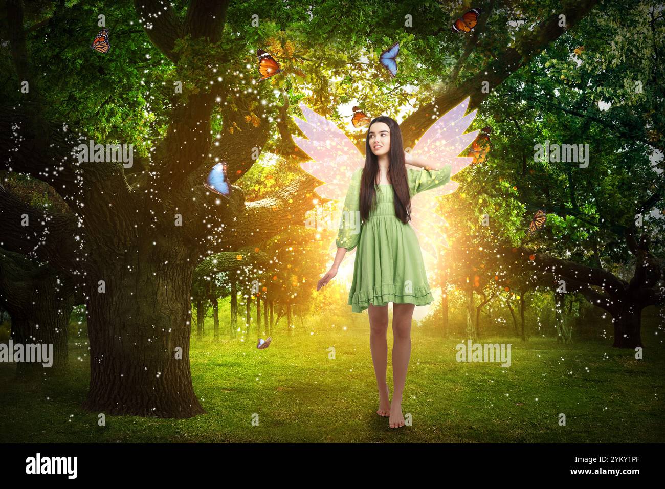 Enchanting fairy surrounded by butterflies walking among trees ...