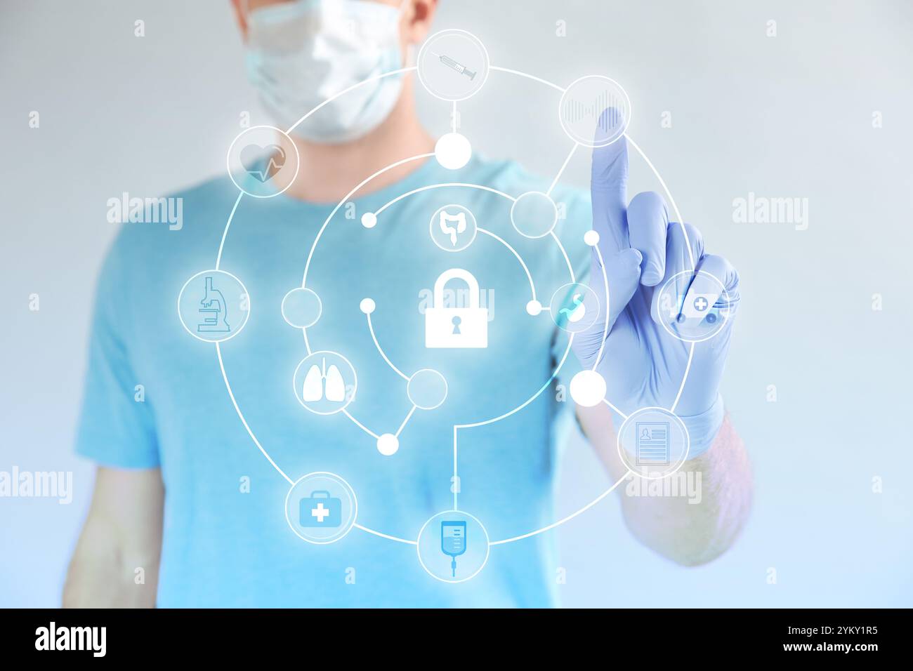 Medical privacy. Health worker using virtual screen with scheme and ...