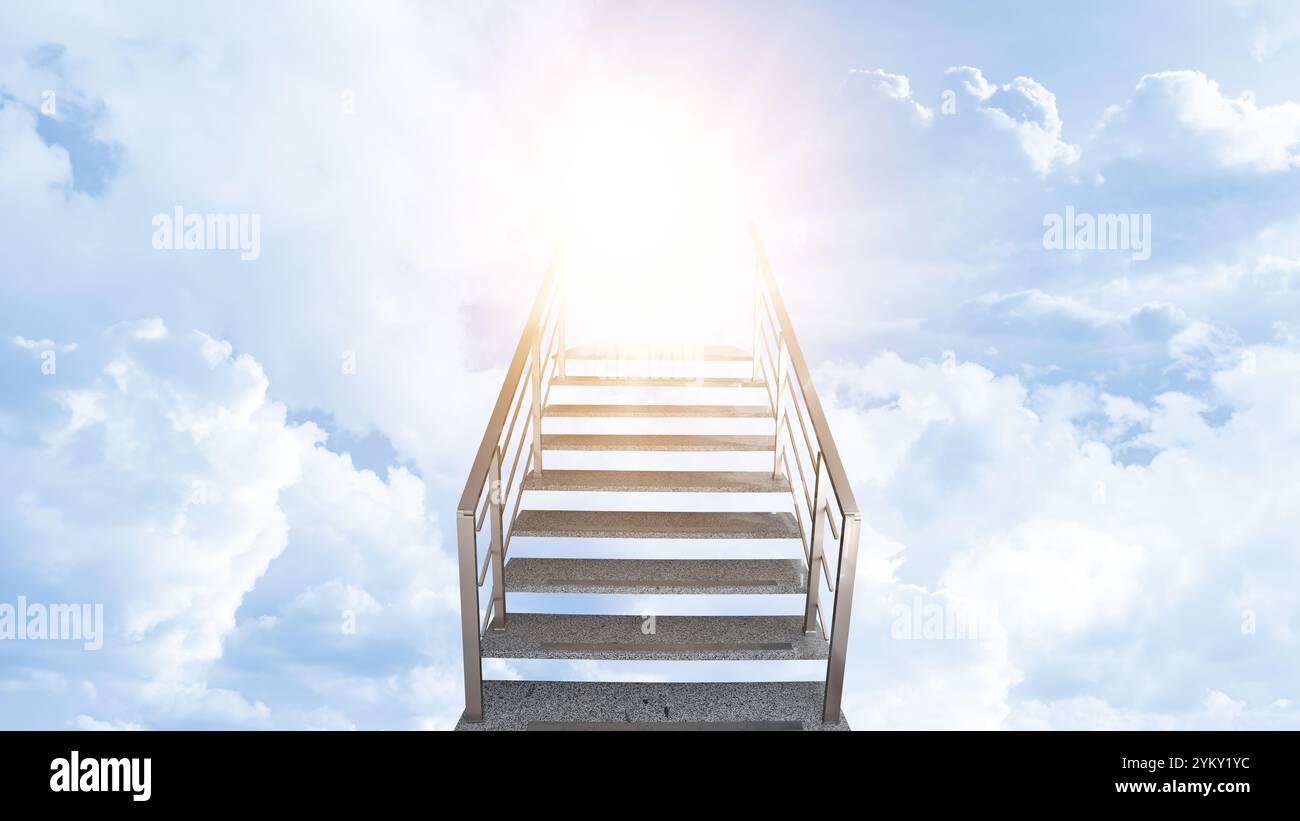 Staircase among clouds leading towards light in sky. Banner design ...