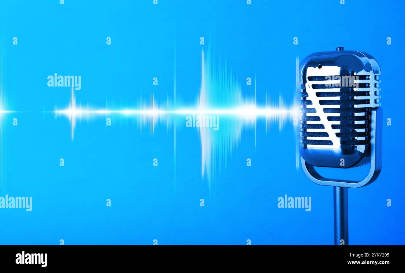 Sound wave and microphone on blue gradient background Stock Photo - Alamy