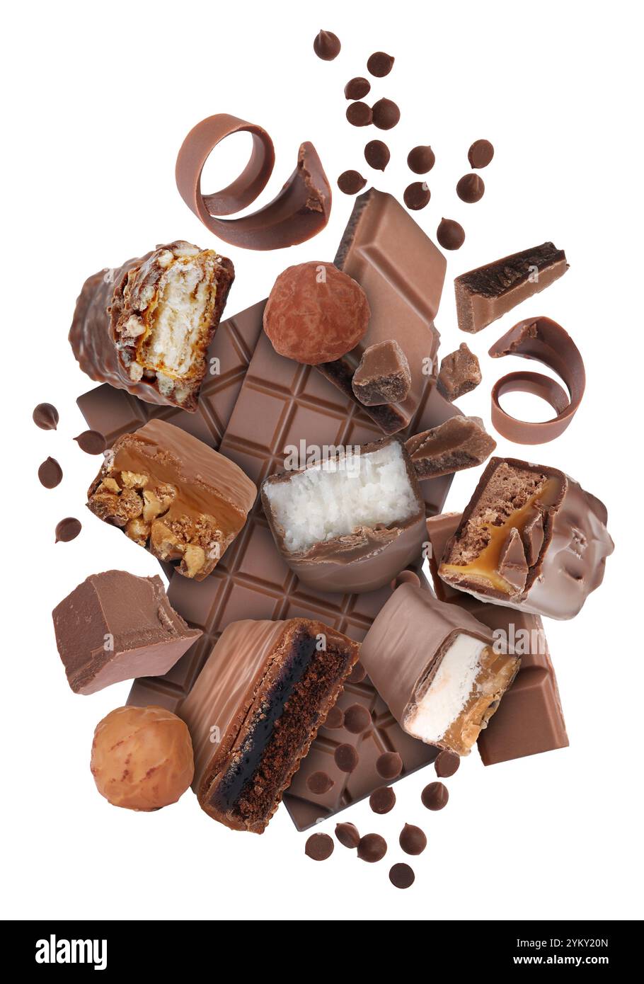Different chocolate products in air on white background Stock Photo - Alamy