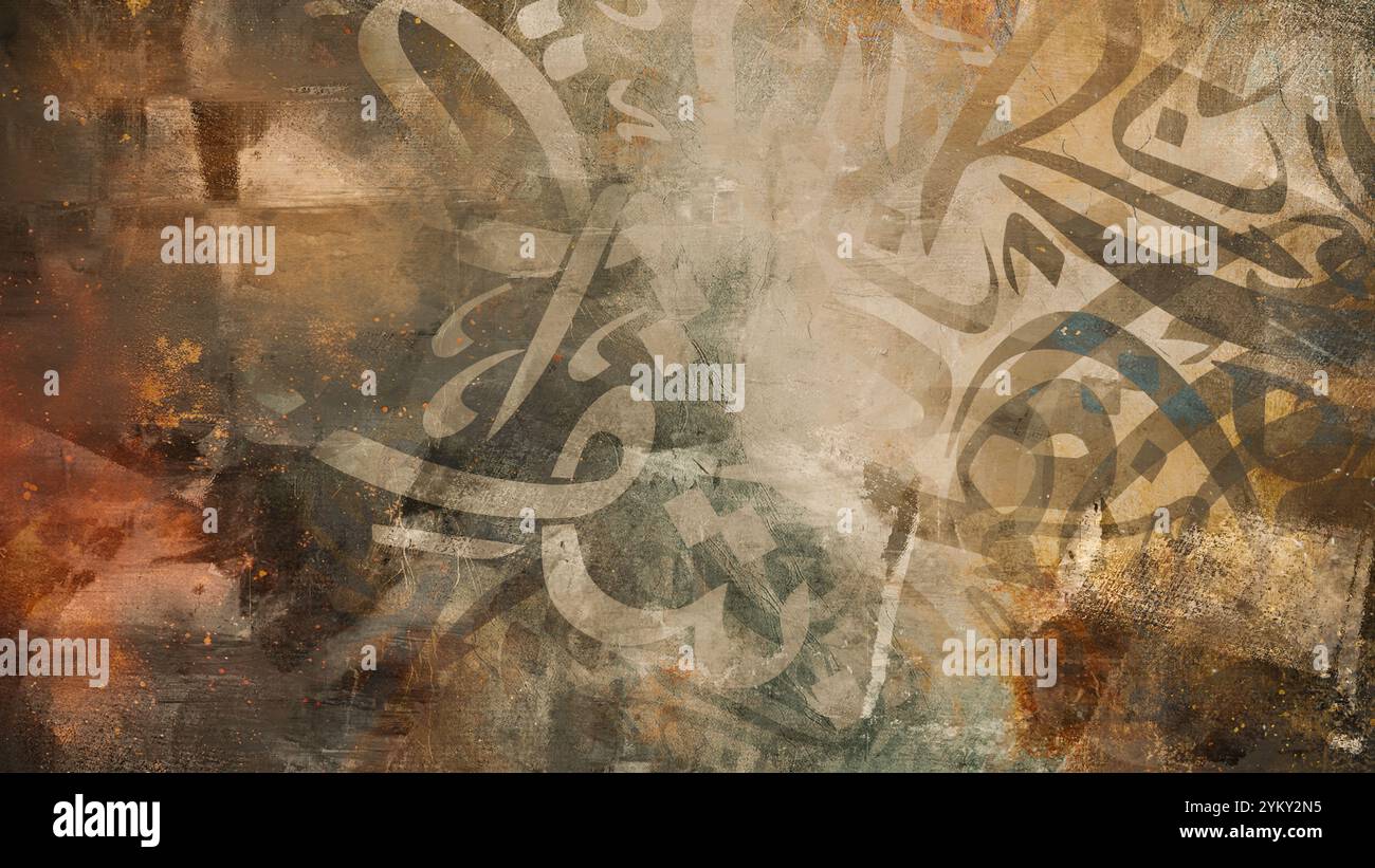 Painting on canvas. Arabic calligraphy wallpaper on a brown wall mixed ...