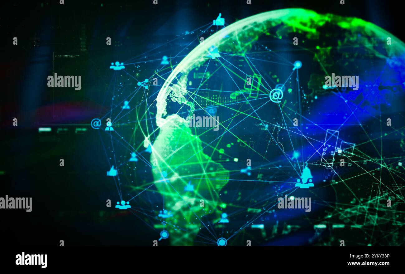 Abstract technology network with glowing nodes and lines. Modern and ...