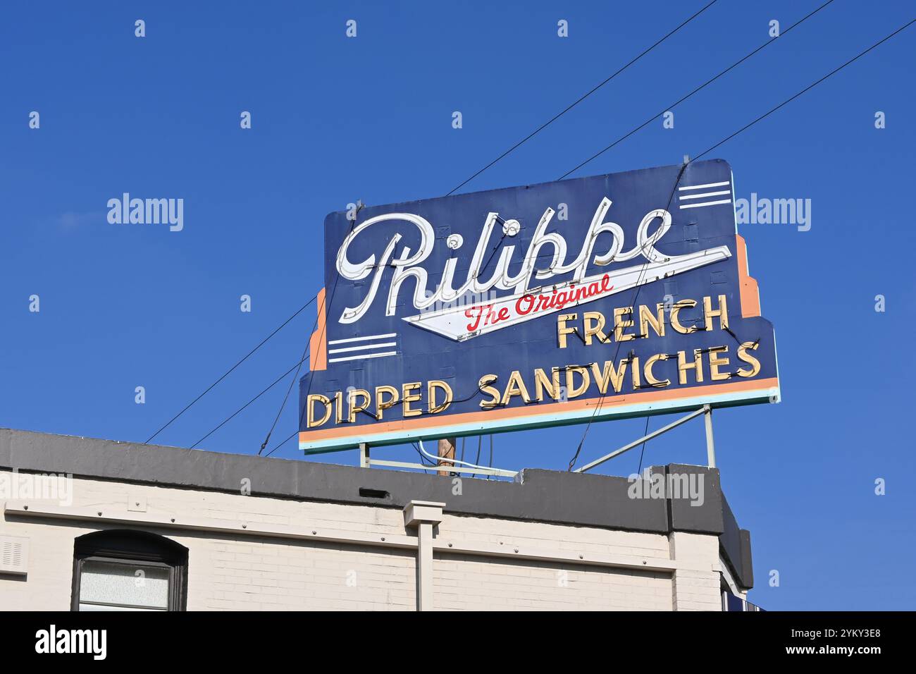 LOS ANGELES, CALIFORNIA - 18 NOV 2024: Sign atop Philippe The Original French Dip a historic ...