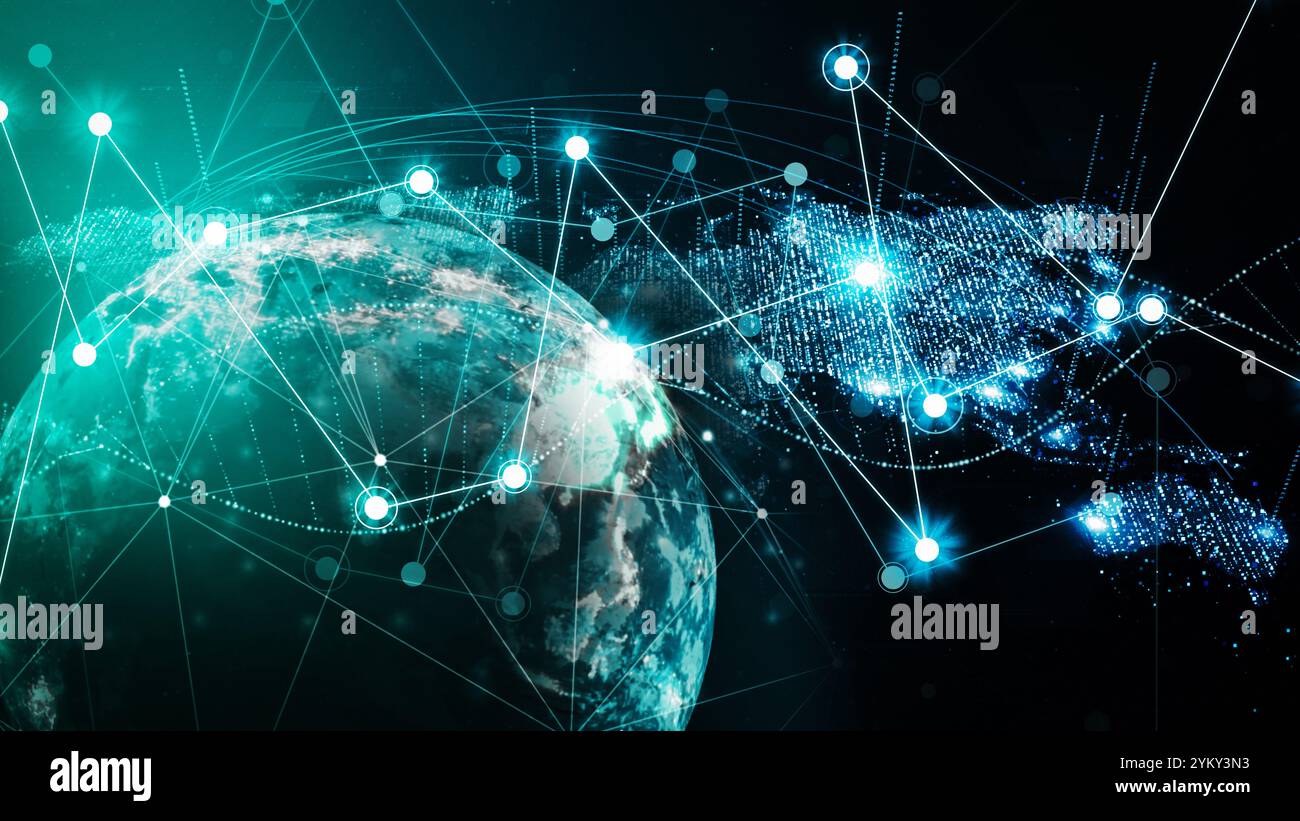 Abstract technology network with glowing nodes and lines. Modern and ...