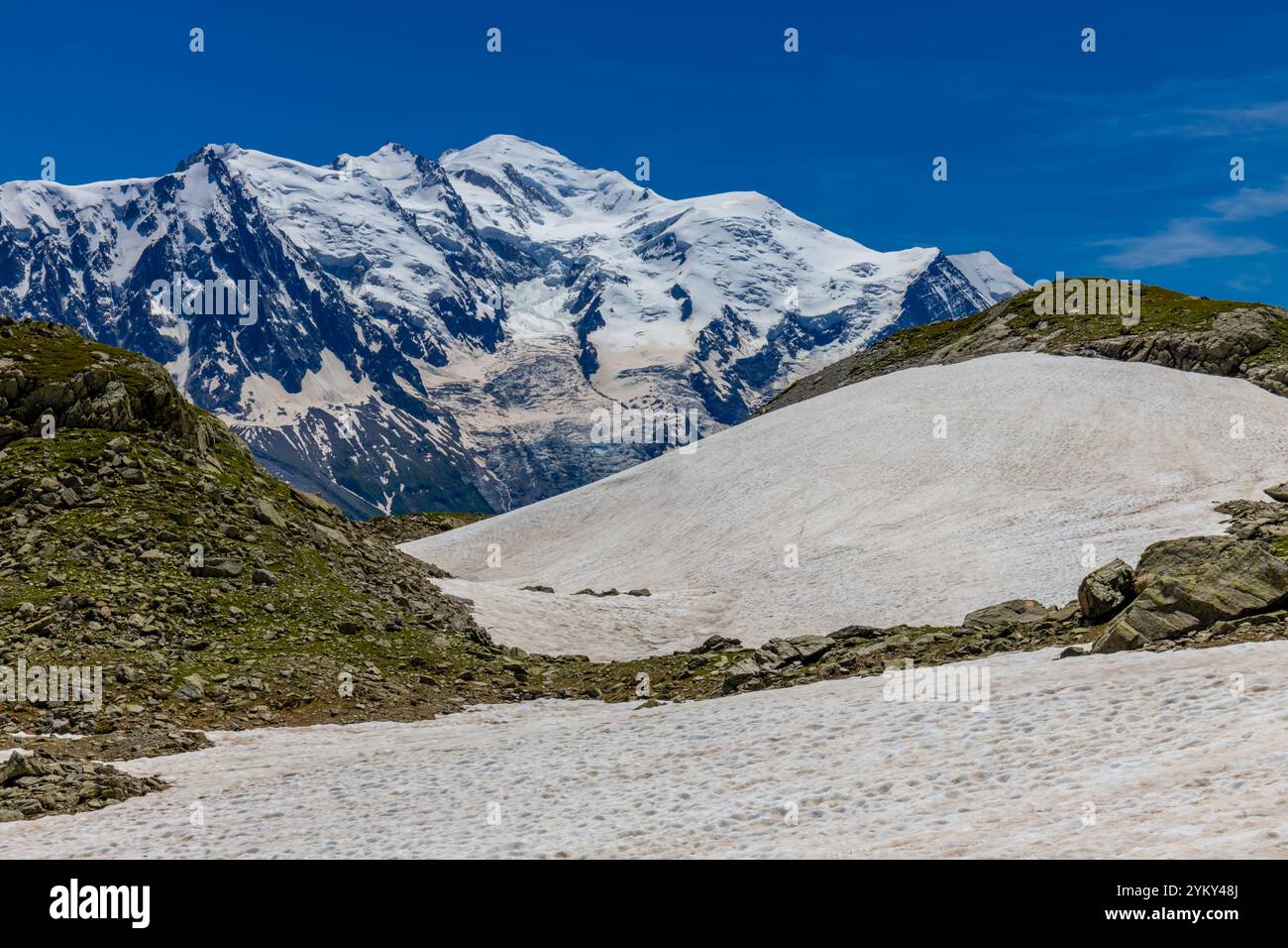 Mont Blanc snow summit, the highest peak in Europe, located in the Alps ...