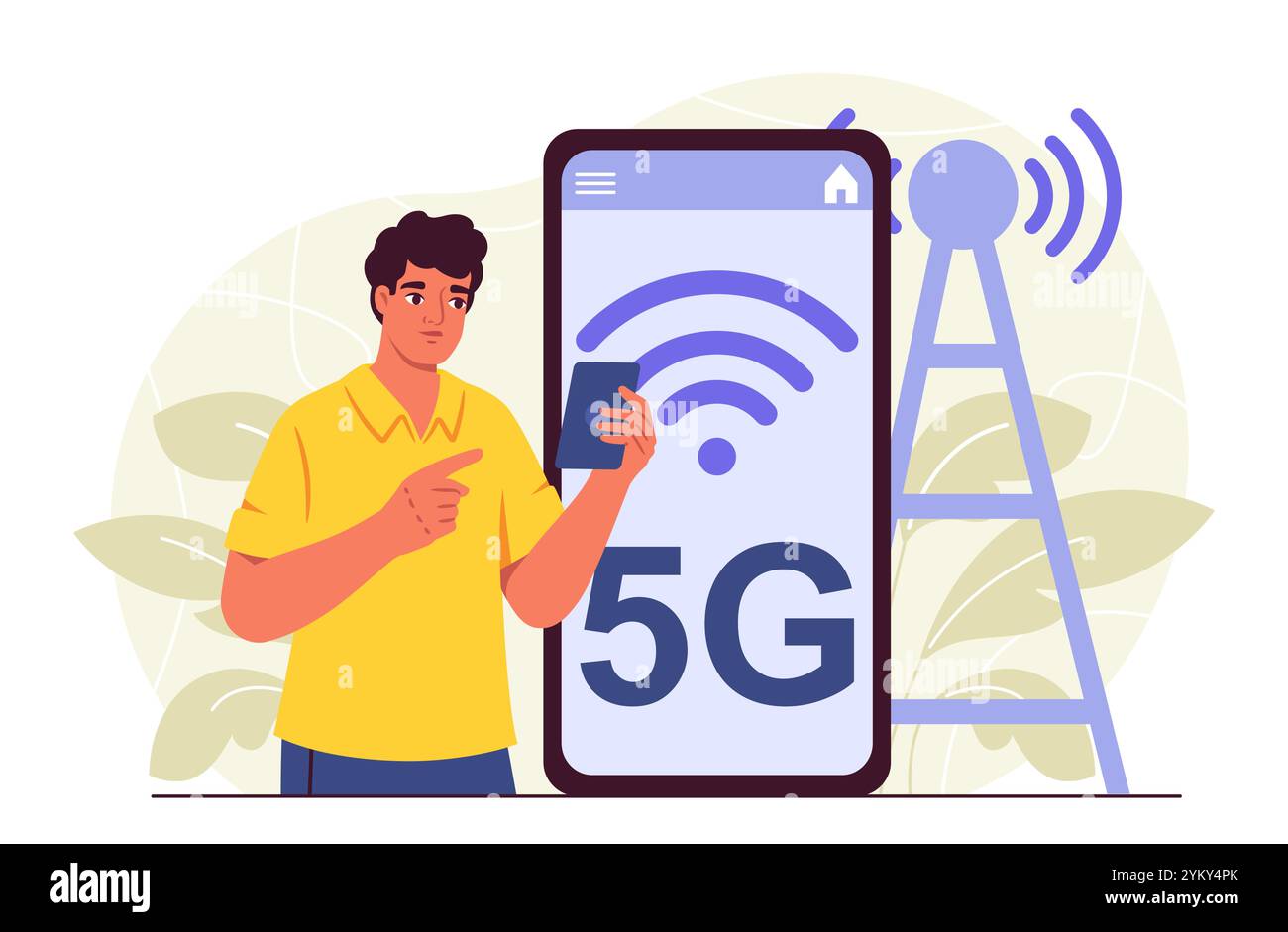 Man with 5G. Young guy near huge smartphone and transmitter. Wireless ...