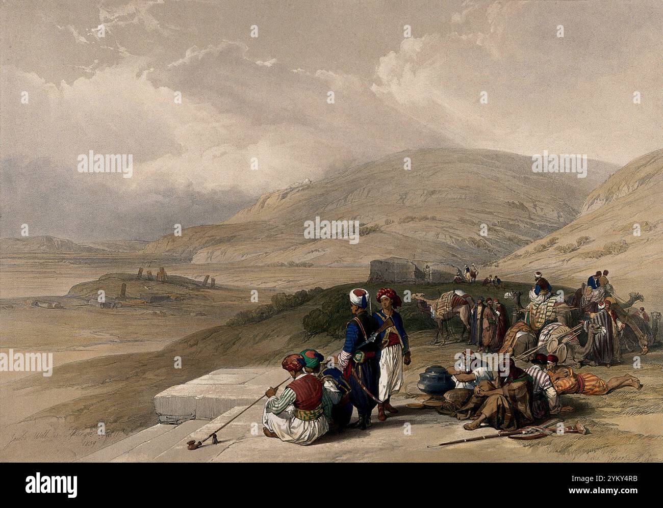 Landscape with group of figures with camels at the site of the well of ...