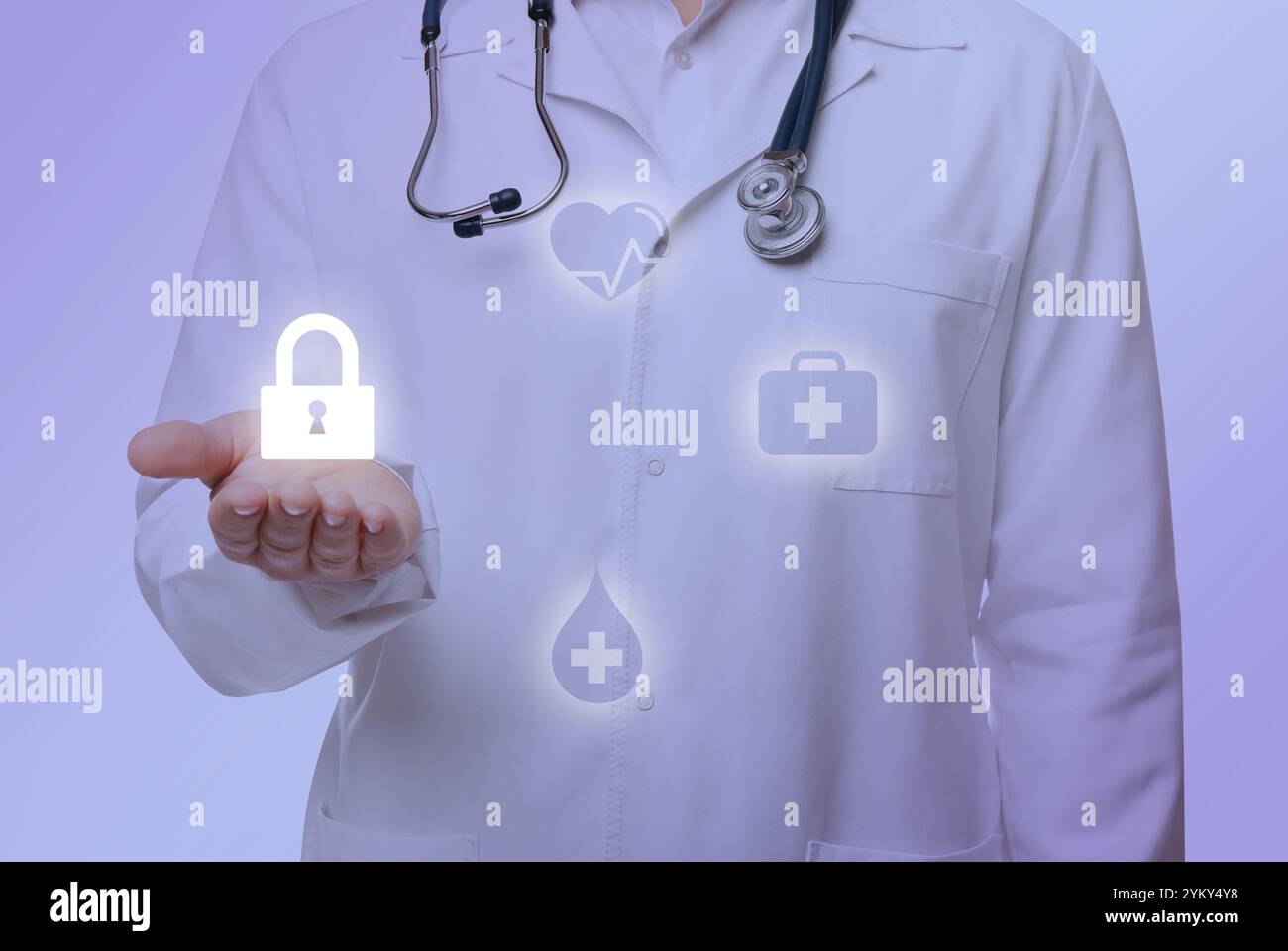 Medical privacy. Health worker using virtual screen with different ...