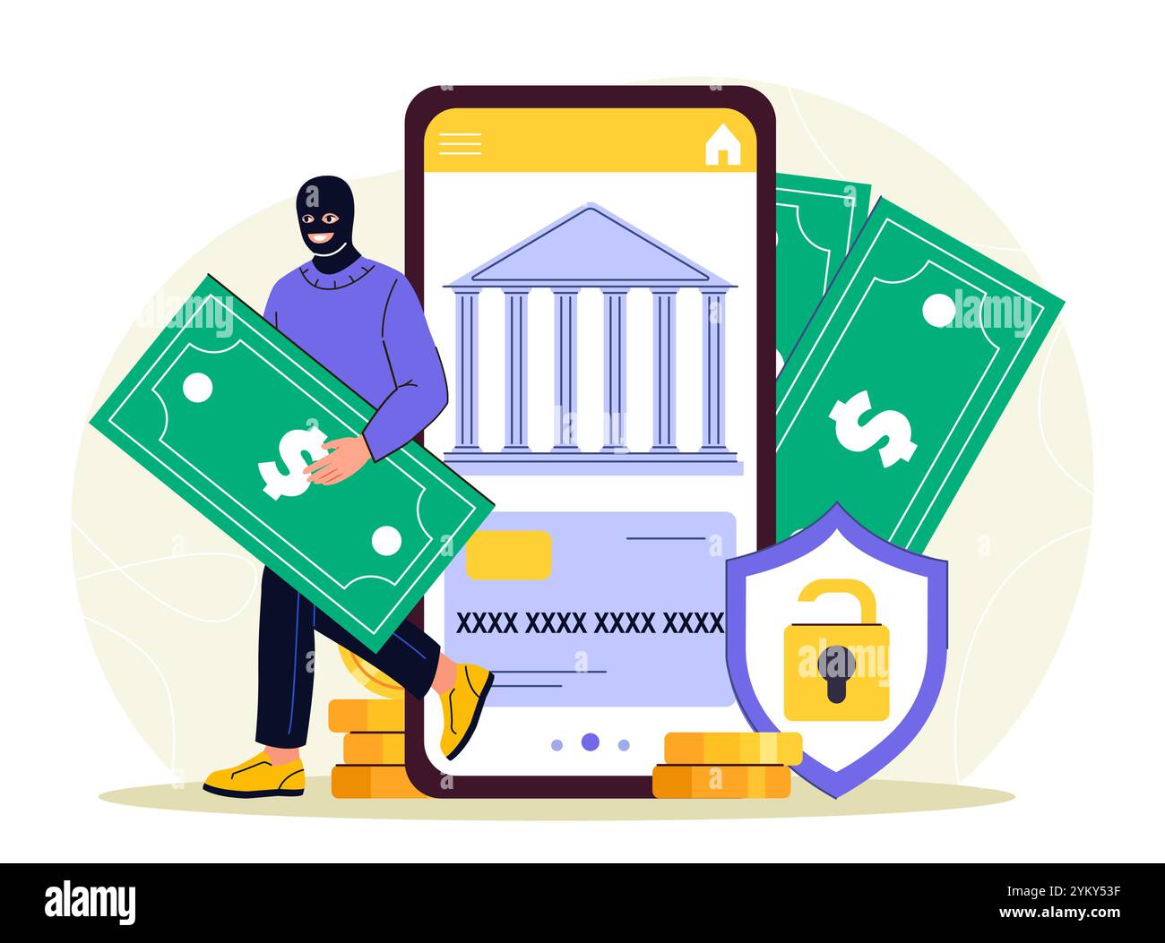 Digital criminal concept. Man in mask with banknote and gold coins runs ...