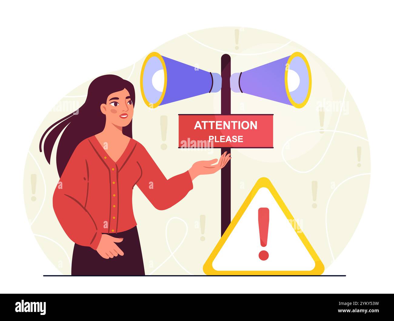 Attention please banner. Woman near huge loudspeakers. Business ...