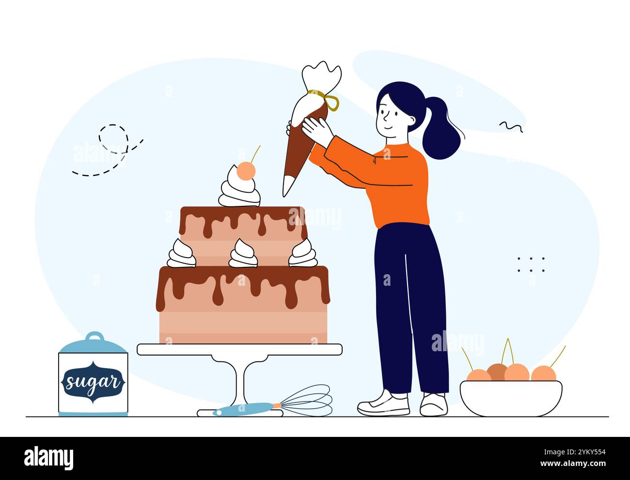 Chef decorating cake. Woman prepares dessert and delicacy. Homemade ...