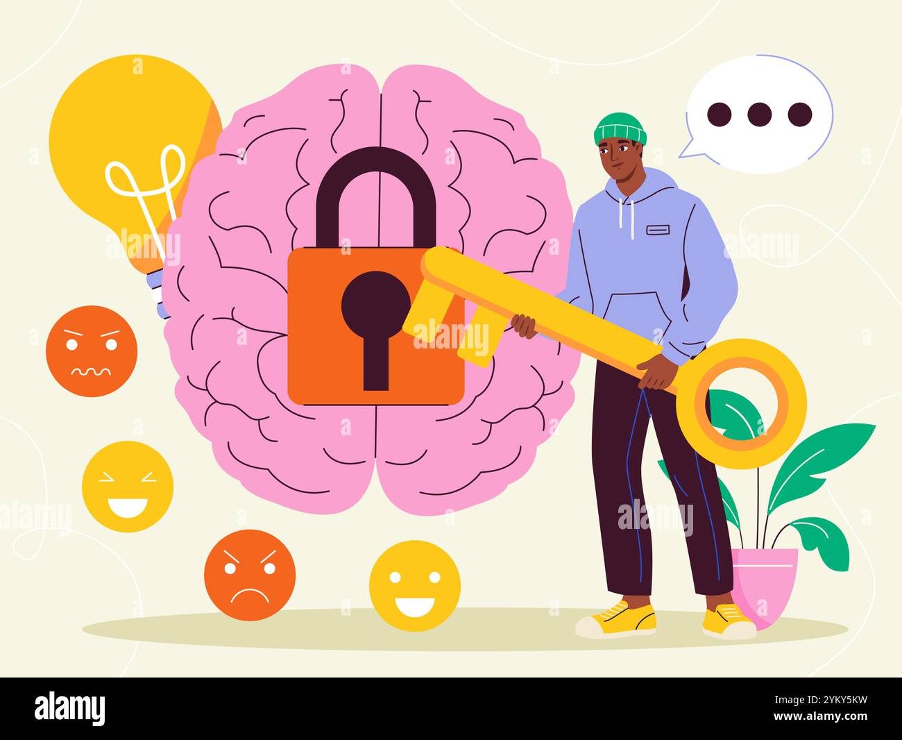 Man open psychic mind. Young guy with golden key opens lock on brain ...