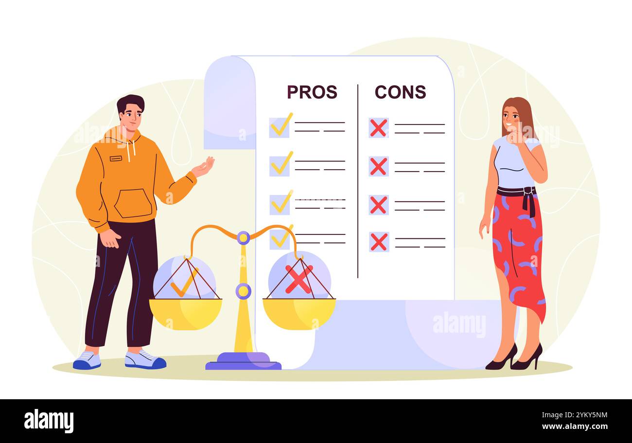 People with pros and cons. Man and woman make decisions. Young guy and ...