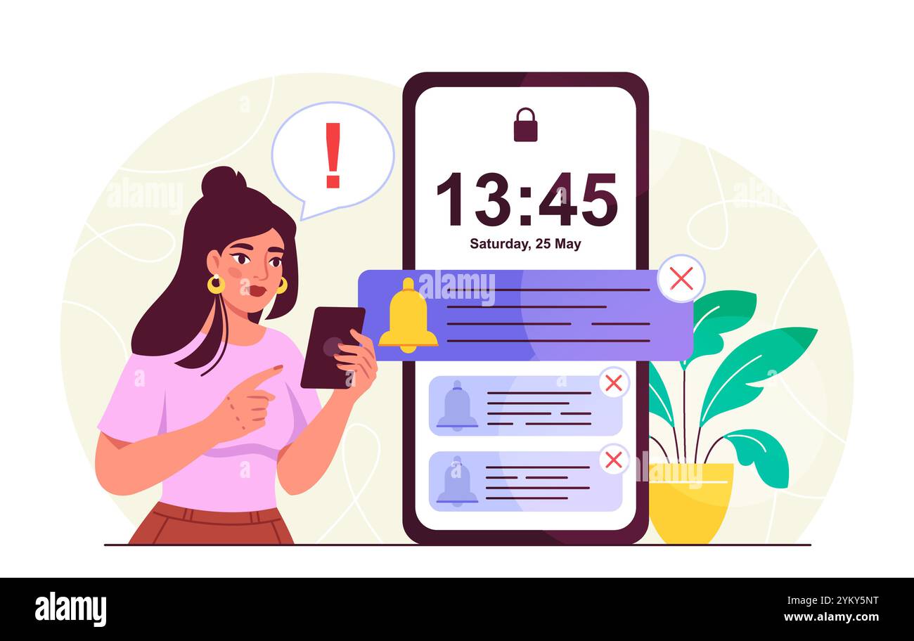 Woman with push notifications. Young girl with smartphone reading ...