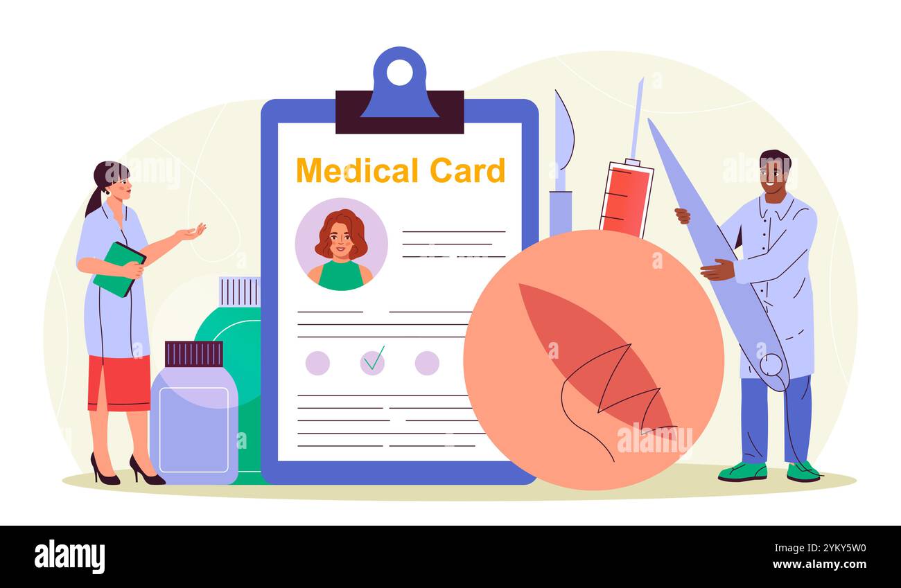 Surgeons with medical card. Woman and man in medical gown with scalpel ...