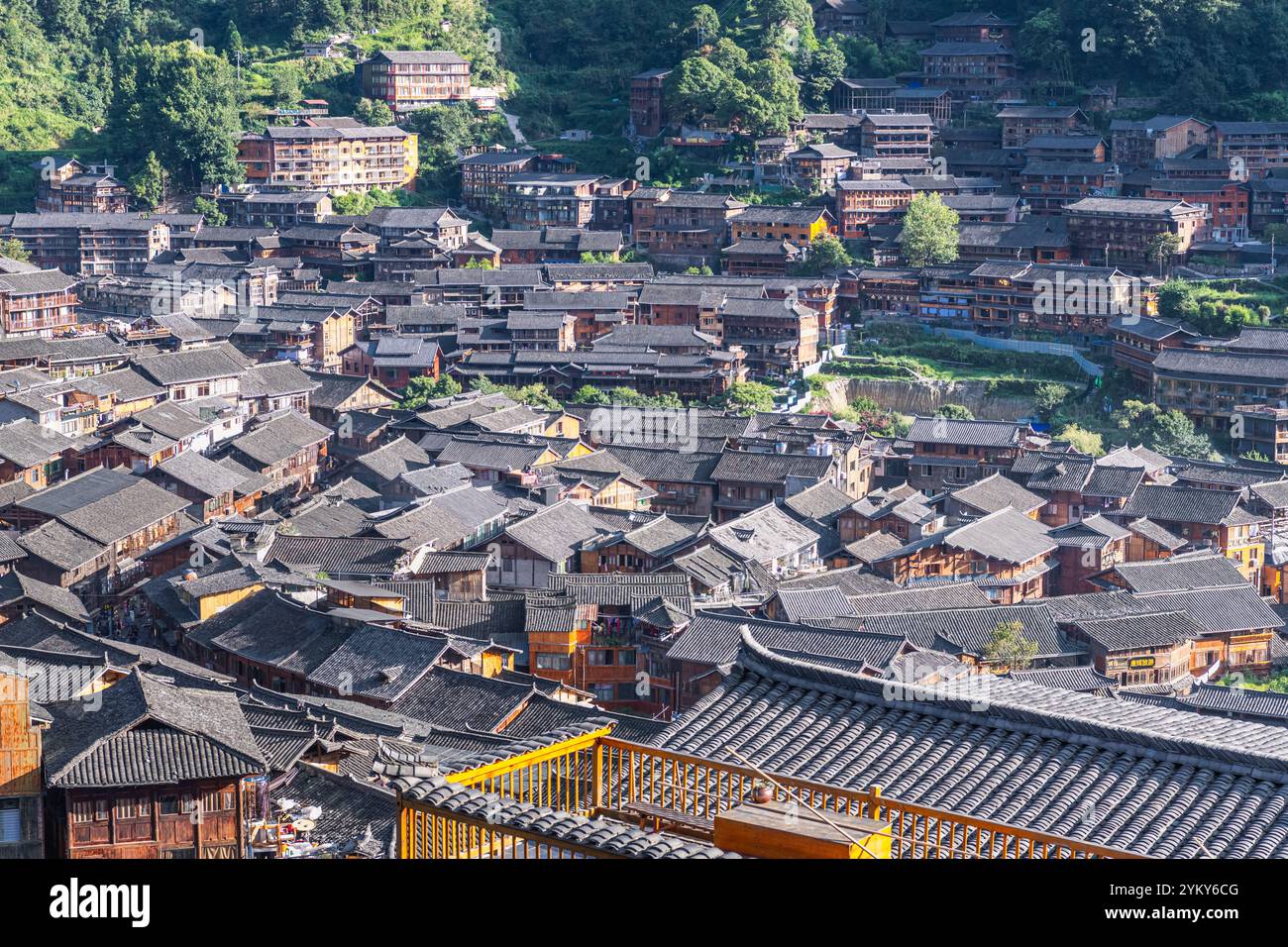 Aerial view of ancient remote village in Guizhou, China, background ...
