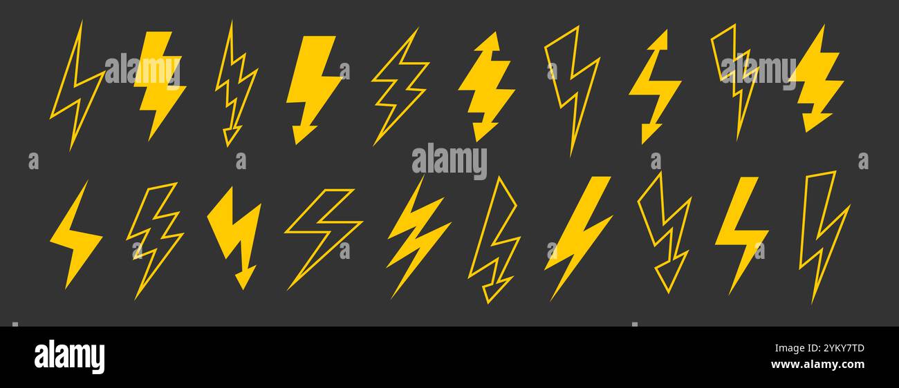 Yellow lightning bolt set. Solid and outline thunder bolt symbol ...