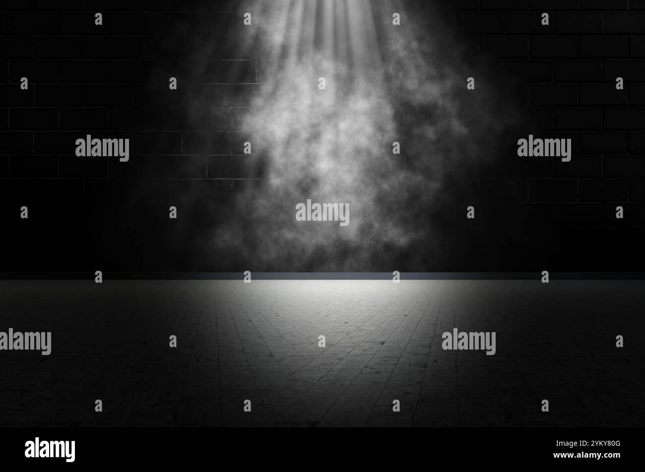 Spotlights, wall and floor and studio room with smoke floating on the ...
