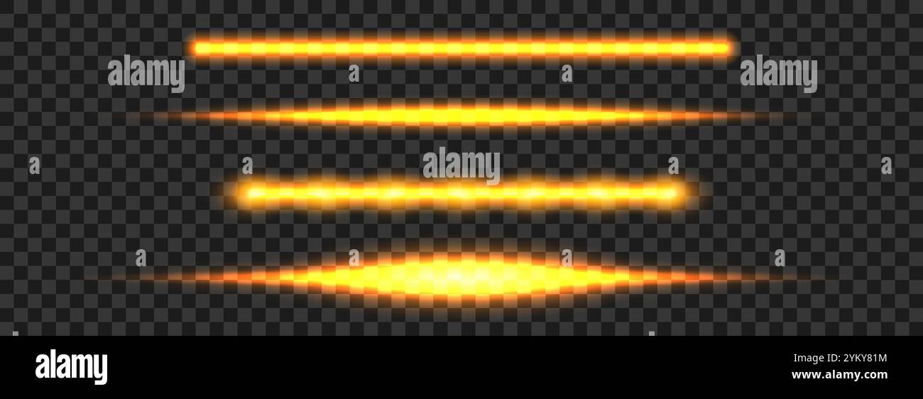 Glowing golden neon tube lamp set. Led light line beam collection ...