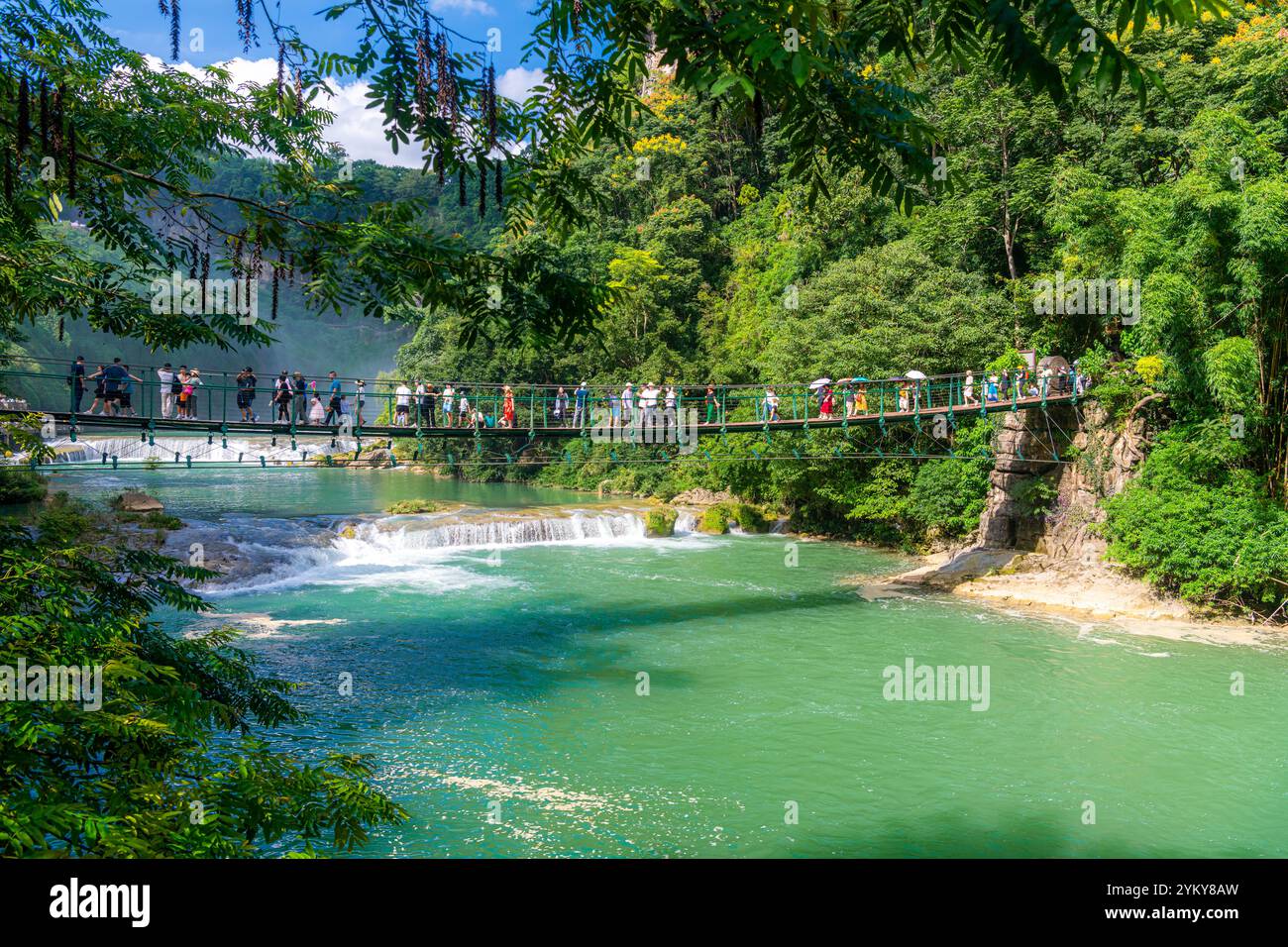 AUGUST 16, 2022, ANSHUN, CHINA: Suspension bridge over the Huangguoshu ...