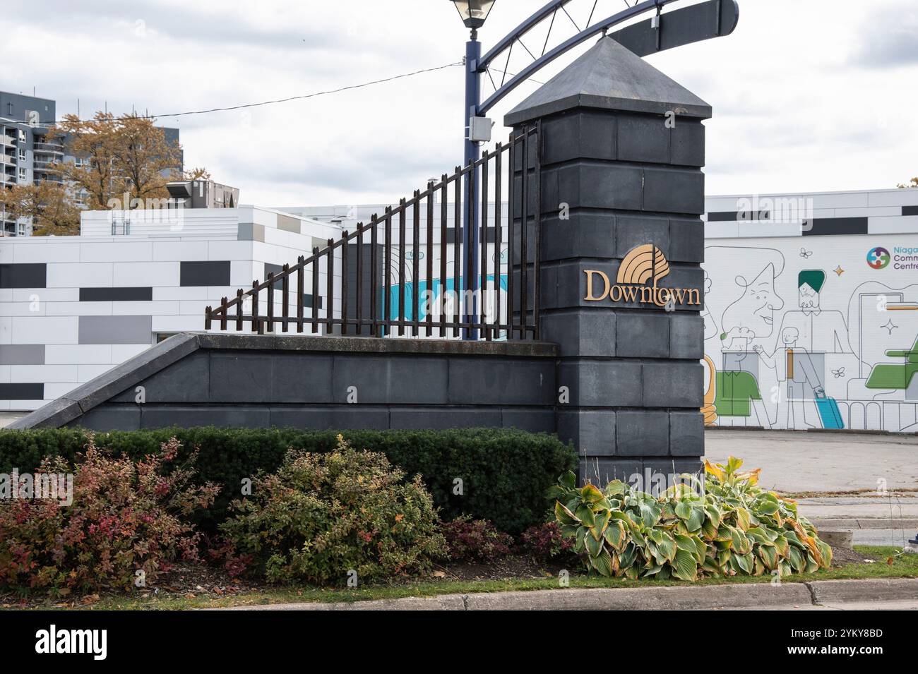 Downtown sign in Queen Street District, Niagara Falls, Ontario, Canada ...