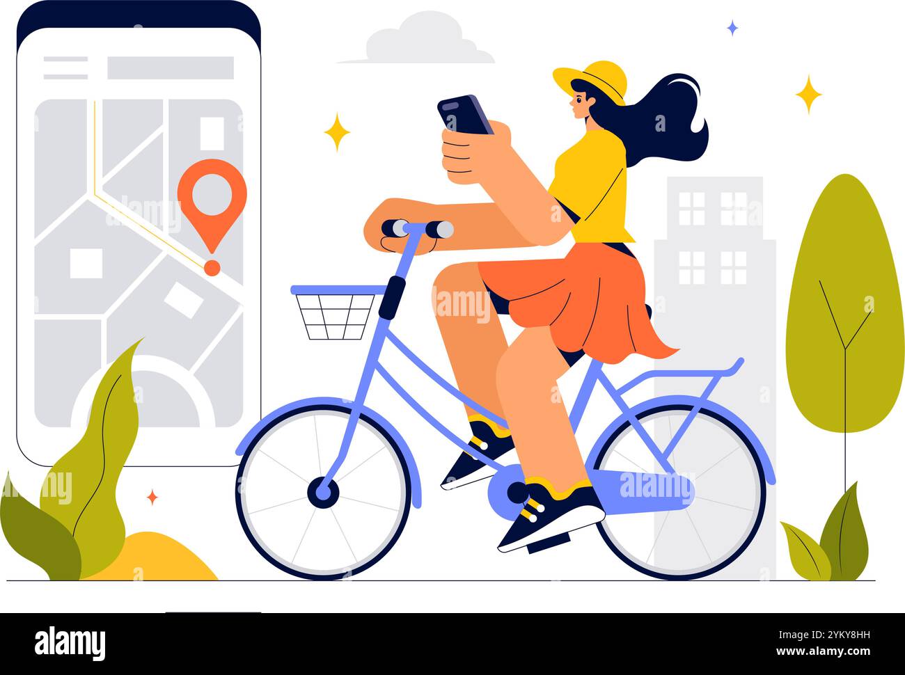 Smart Bike Vector Illustration featuring a Navigation App with a Map, Location Pin, and Tracking ...