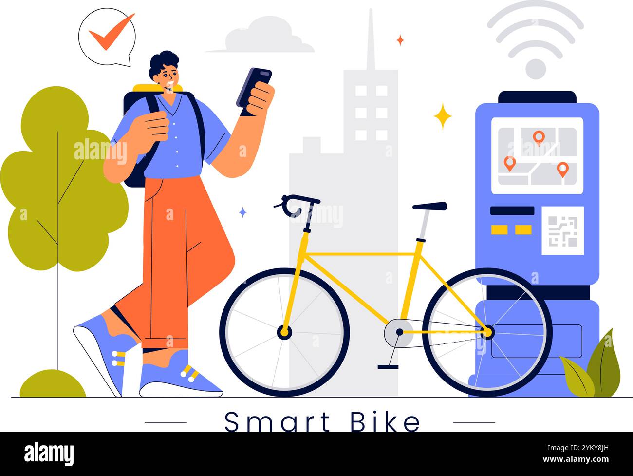 Smart Bike Vector Illustration featuring a Navigation App with a Map ...