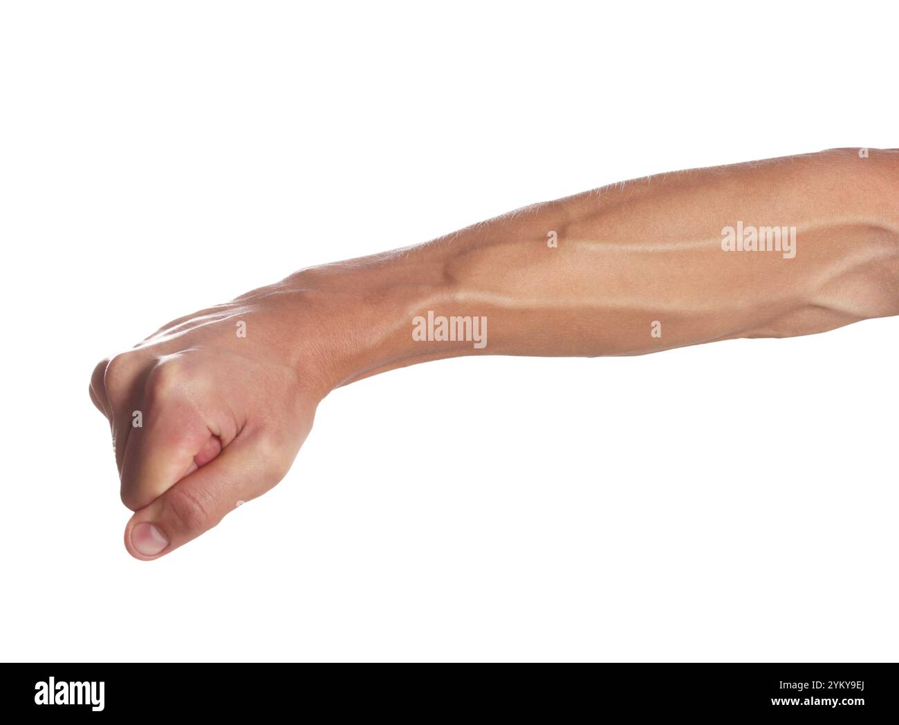 Man with bulging veins on his arm against white background, closeup ...