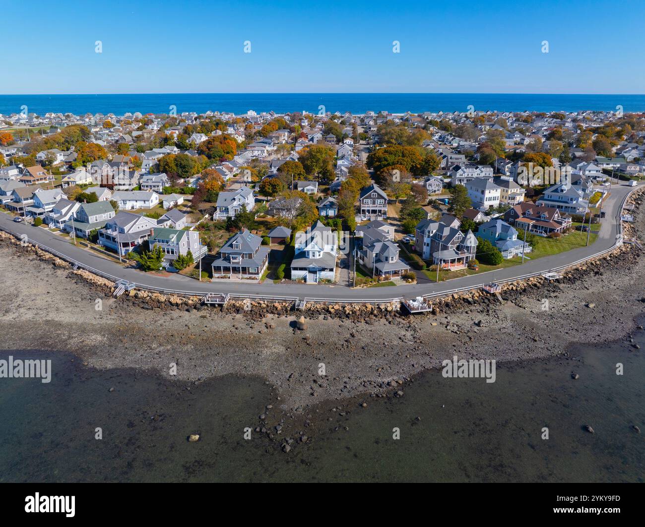 Historic waterfront house aerial view at village of Allerton in Hingham ...