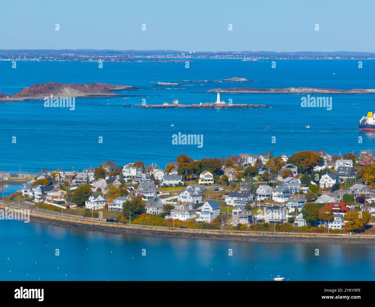 Allerton village aerial view with Boston Lighthouse on Little Brewster ...