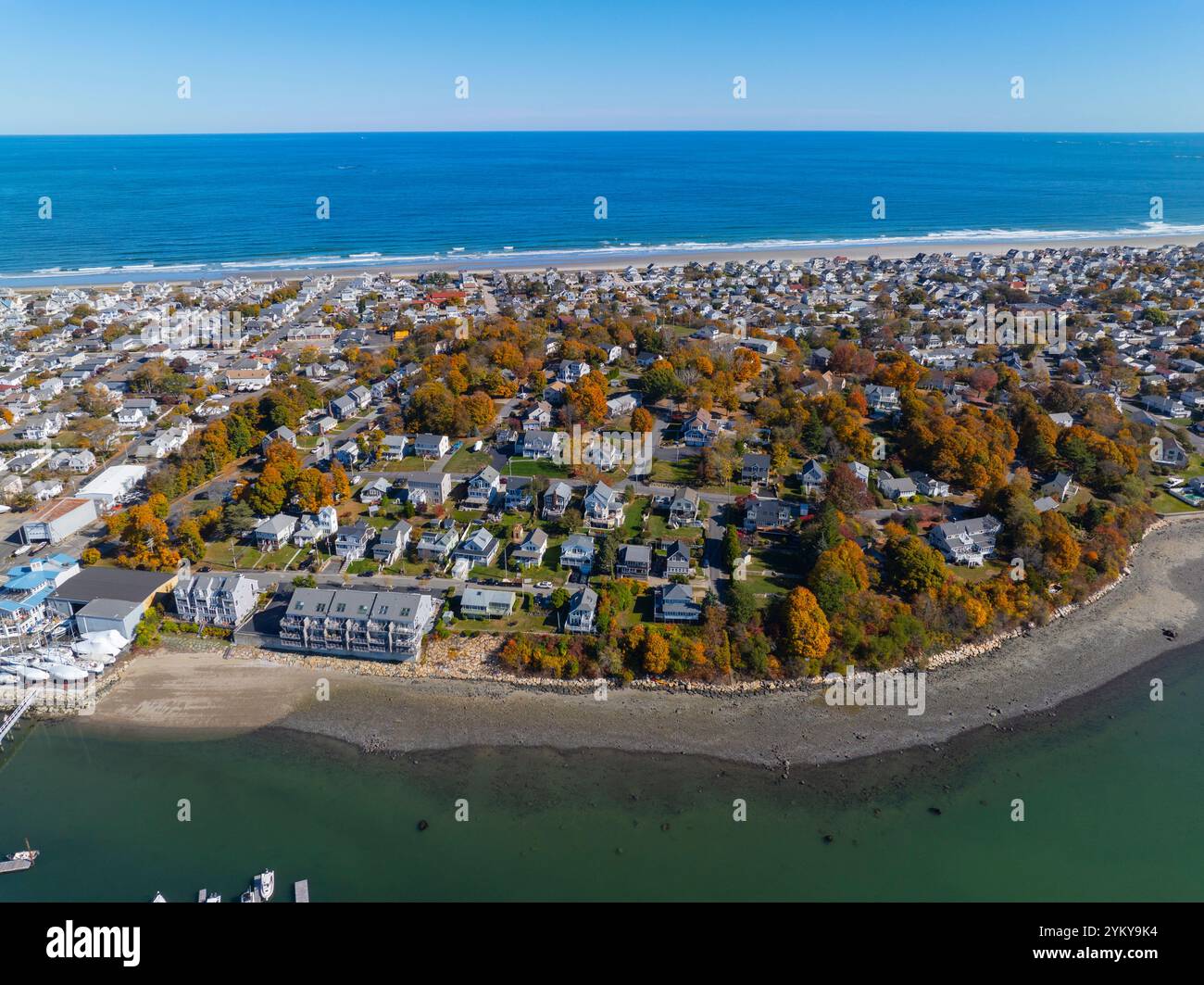 Historic waterfront house aerial view at village of Allerton in Hingham ...