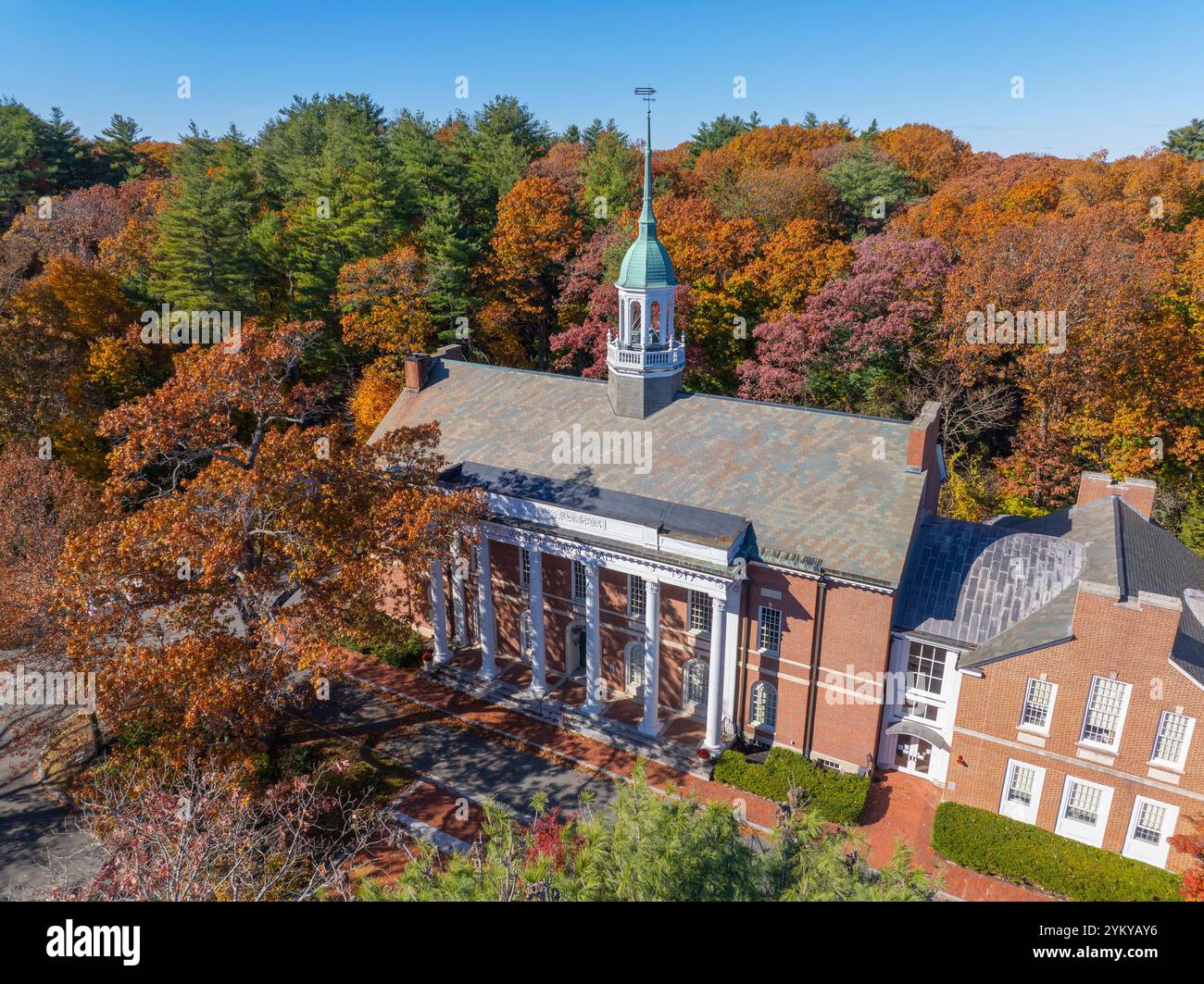 Weston Town Hall aerial view at Lanson Park in fall with foliage in ...